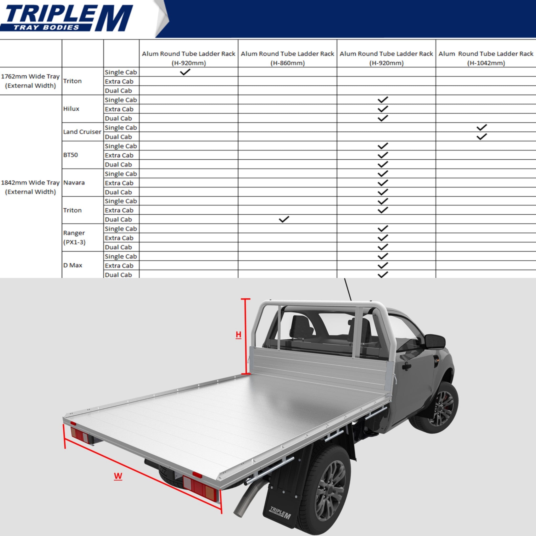 Rear Ladder Rack Round Tube (Pin Ears) - Aluminium Tray – Triple M Tray ...