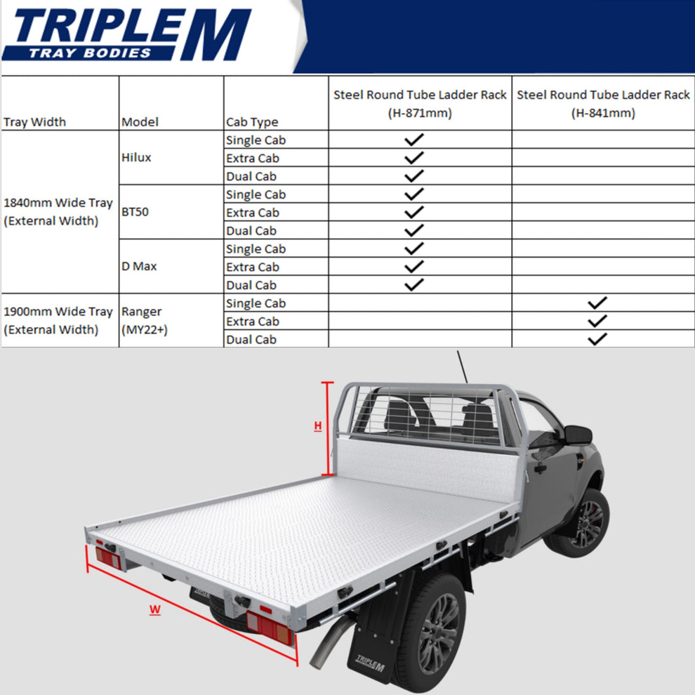 Rear Ladder Rack Round Tube (Fold Down Ears) - Steel Tray – Triple M ...